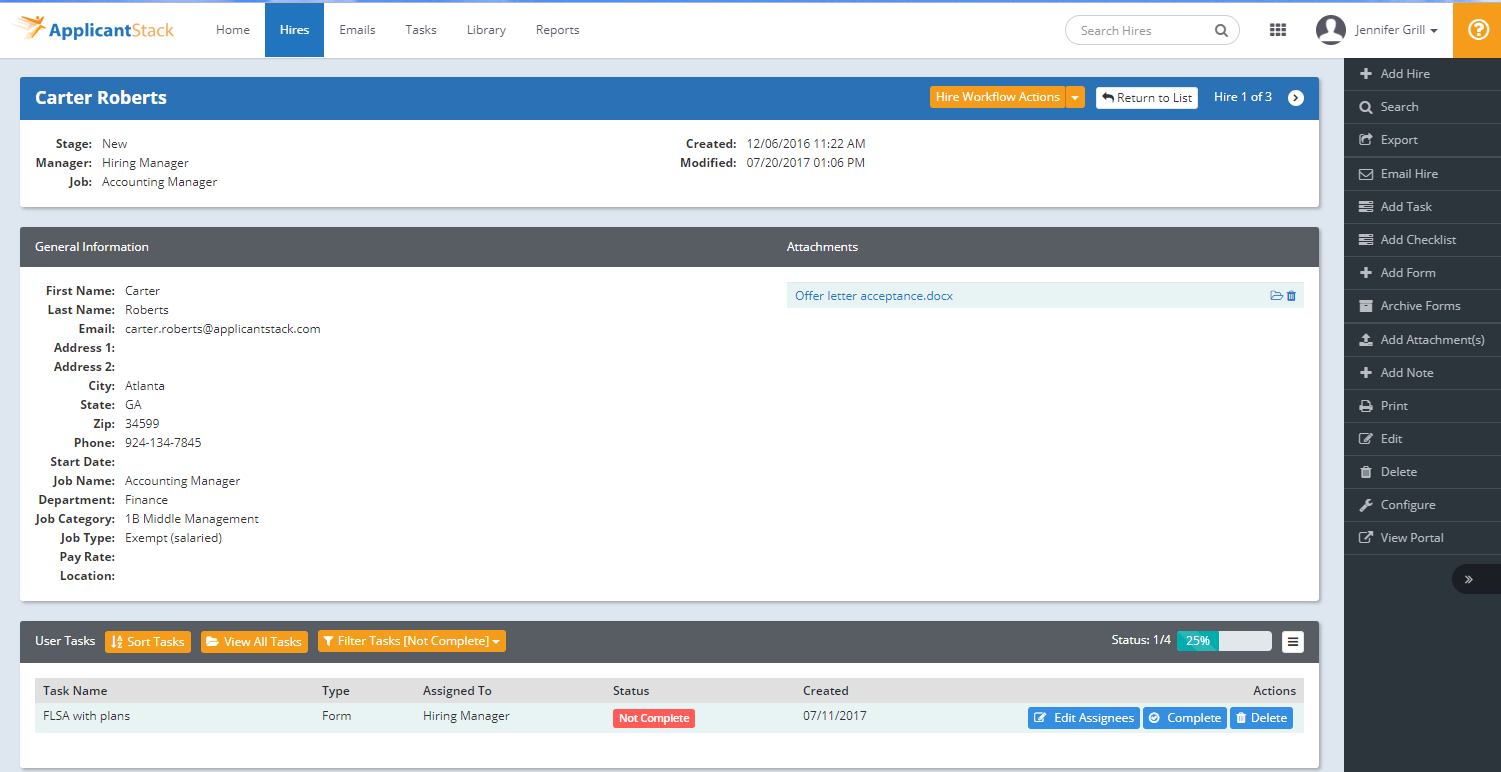 Hire Detail Page in ApplicantStack Onboard