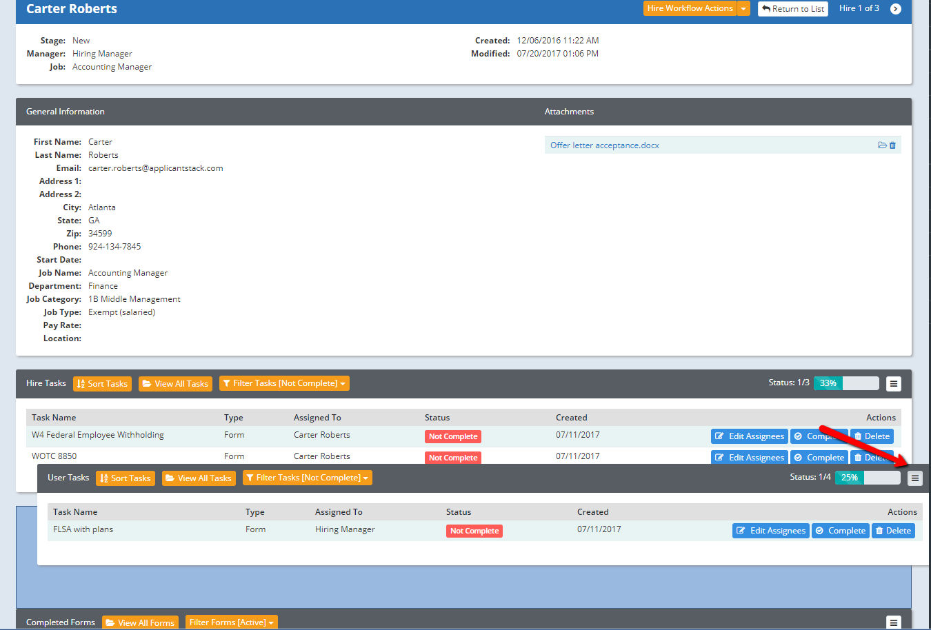 Hire Detail Page in ApplicantStack Onboard