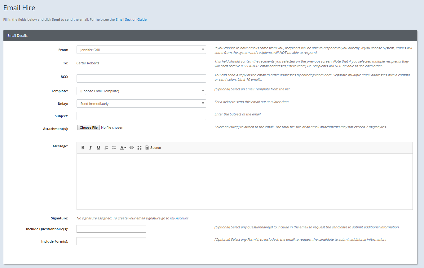 Hire Detail Page in ApplicantStack Onboard