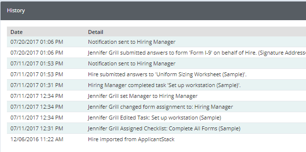 Hire Detail Page in ApplicantStack Onboard
