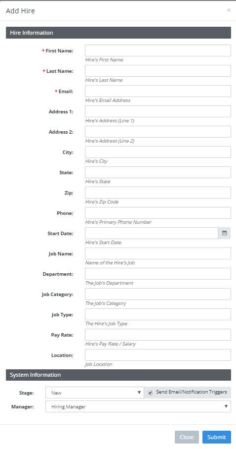 Create a New Hire in ApplicantStack Onboard