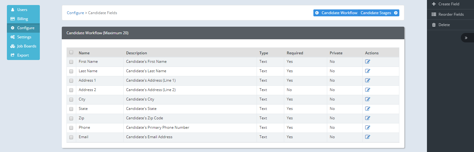 Configure - Candidate Fields