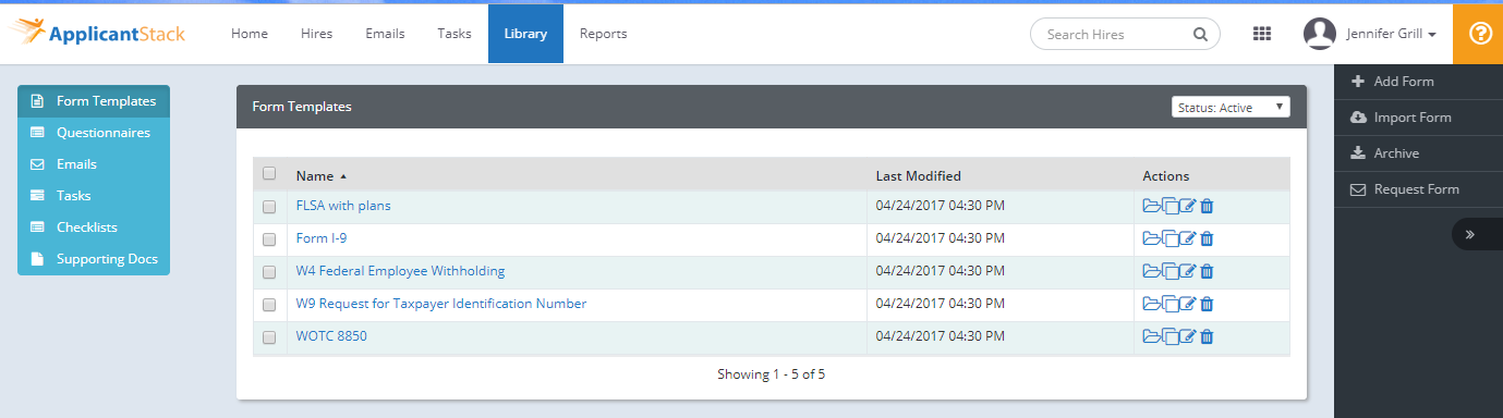 Library Tab in ApplicantStack Onboard